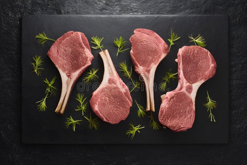 Fresh Lamb Chops on Sleek Black Stone, Culinary Elegance Stock Image ...