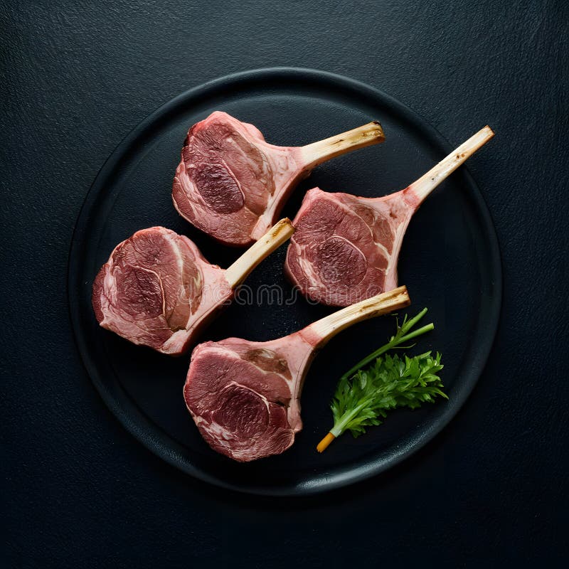 Fresh Lamb Chops on Sleek Black Stone, Culinary Elegance Stock Image ...