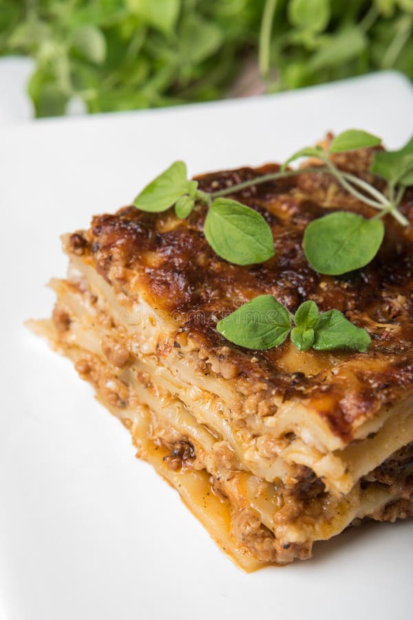 Fresh Lasagne Portion with Oregano on White Dish Stock Image - Image of ...