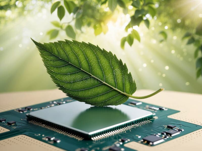 A Fresh Leaf Resting on a Circuit Board Symbolizing the Fusion of ...