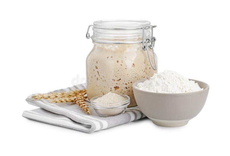Fresh Leaven, Ears of Wheat and Flour Isolated on White Stock Image ...