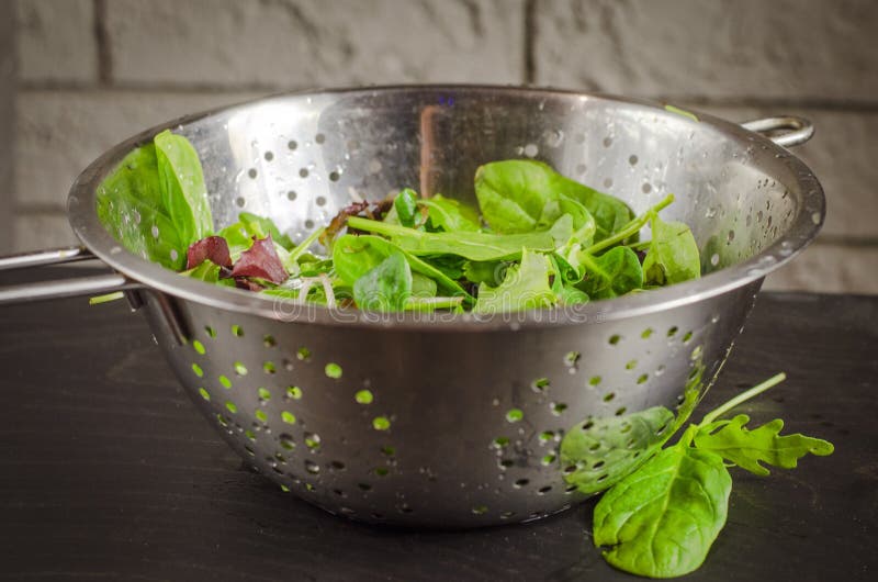 Fresh Leaves of Various Types of Salad in a Colander Stock Image ...