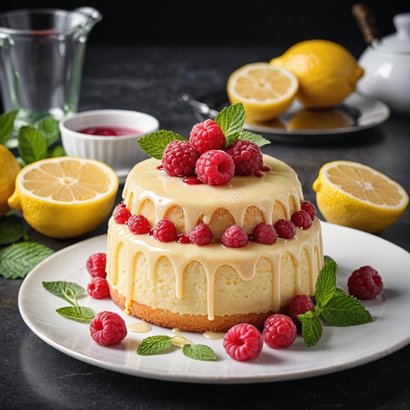 Fresh Lemon Cake with Raspberries and Mint Leaves on White Background ...