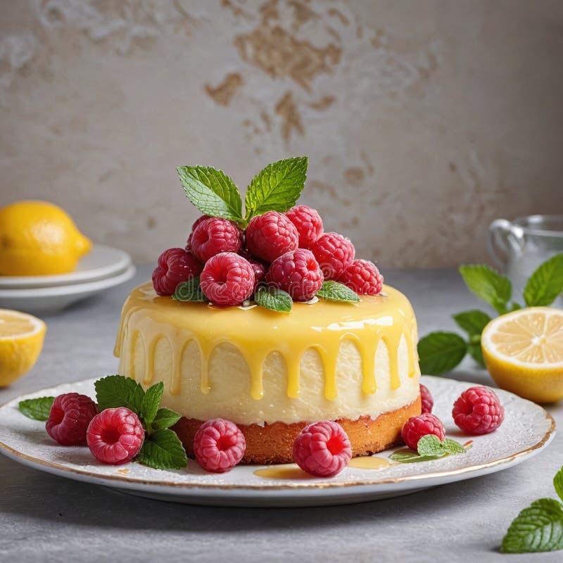 Fresh Lemon Cake with Raspberries and Mint Leaves on White Background ...