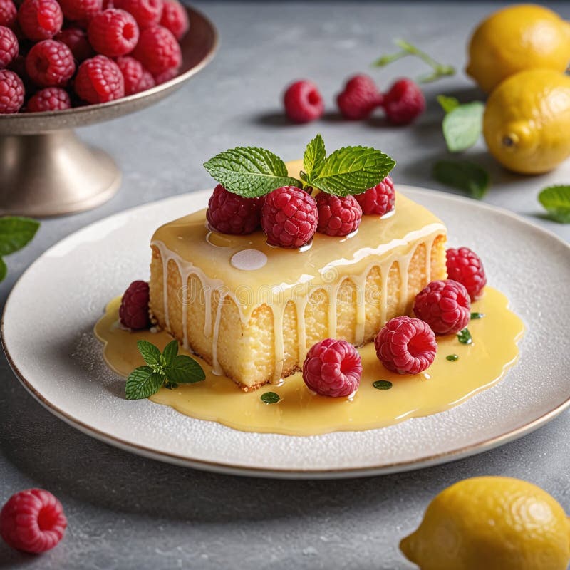 Fresh Lemon Cake with Raspberries and Mint Leaves on White Background ...