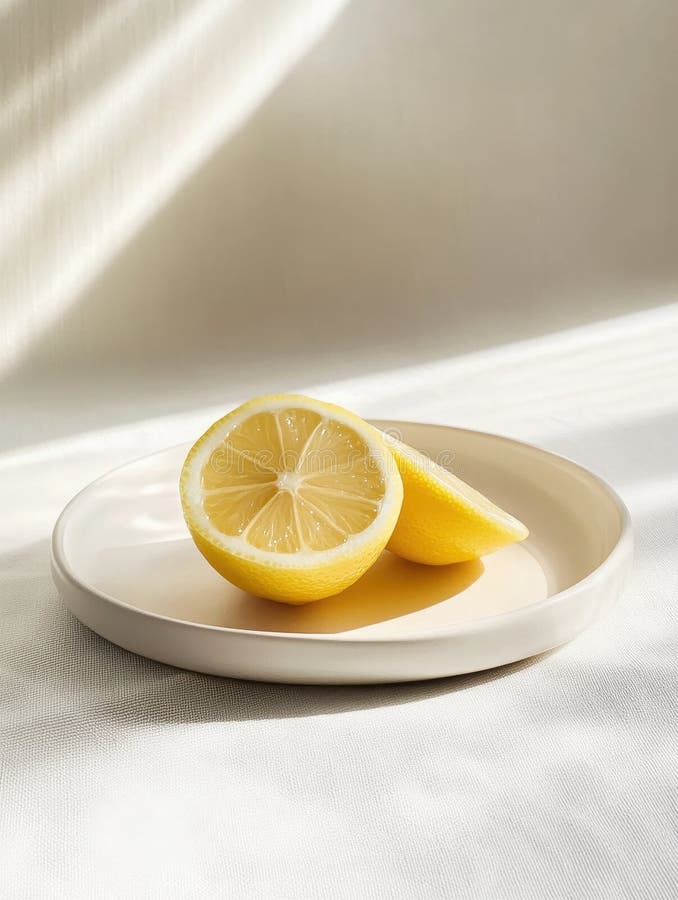 A Fresh Lemon Cut in Half, Resting on a Simple Plate with Soft Lighting ...