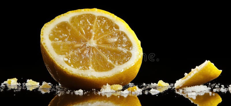 Fresh Lemon Half with Sugar Crystals on Black Reflective Surface Stock ...