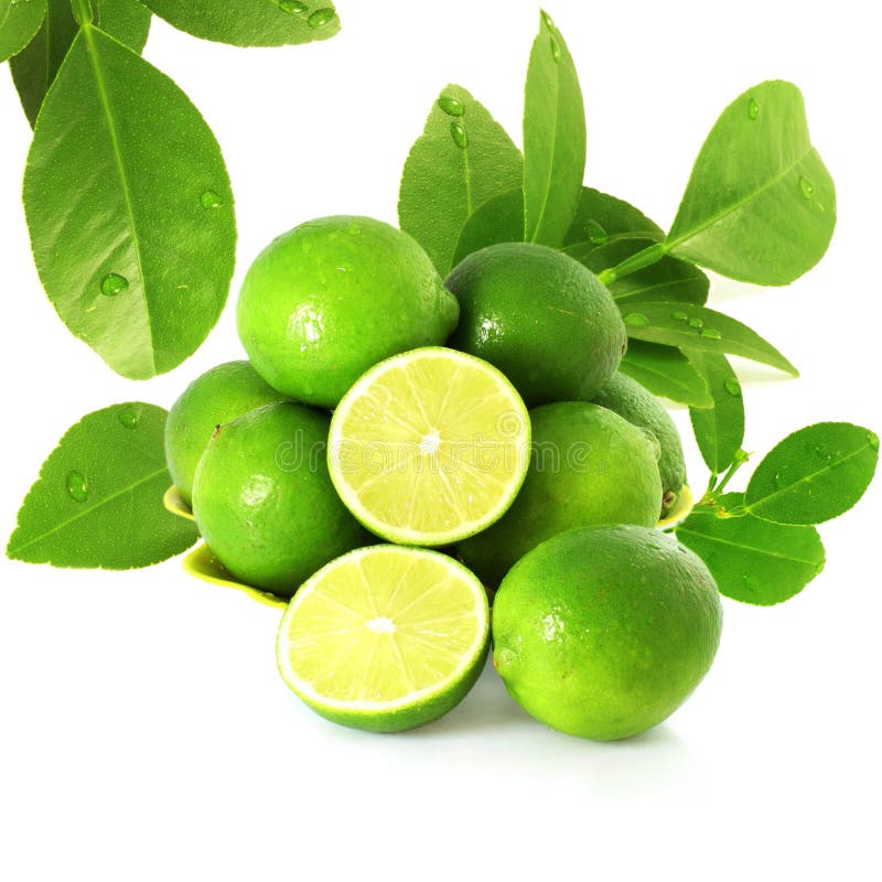 Fresh Lemon Lime Citrus Fruit with Leaves and Cutting in White ...