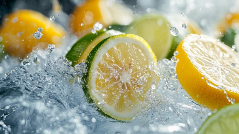 Fresh Lemon and Lime Slices Splashing in Water Stock Illustration ...