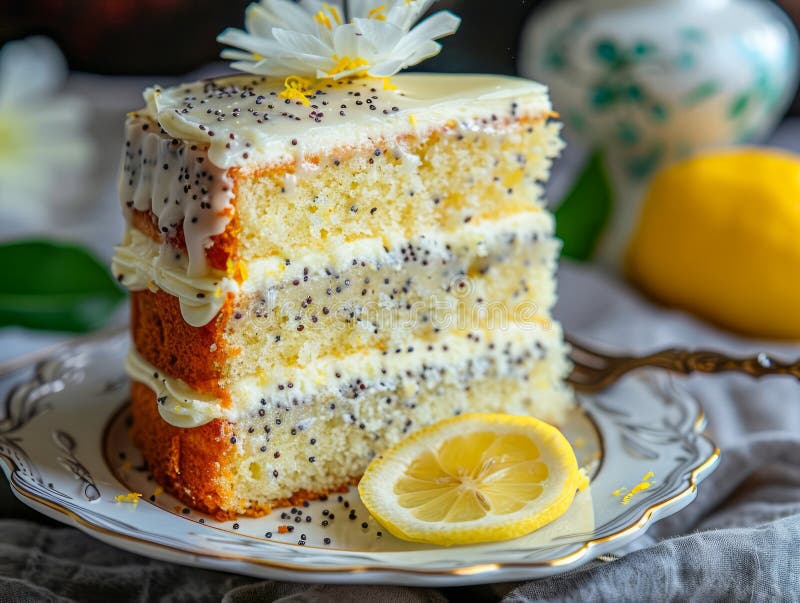 Fresh Lemon Poppy Seed Cake Slice with Drizzle on Elegant Plate, Floral ...