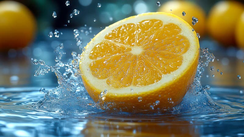 A Fresh Lemon Slice Creating a Dramatic Splash in Water with Droplets ...