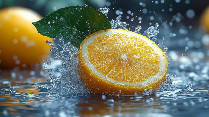 A Fresh Lemon Slice Creating a Dramatic Splash in Water with Droplets ...