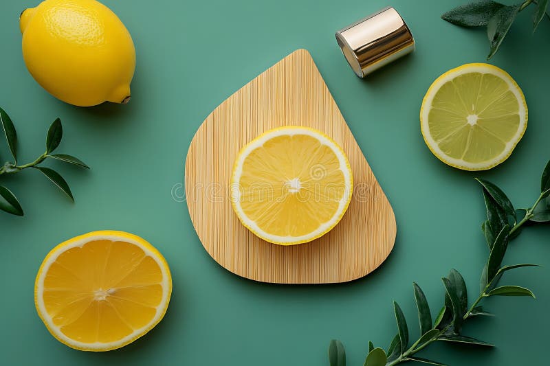 Fresh Lemon Slices, Leaves, and Perfume Atomizer on Green Background ...