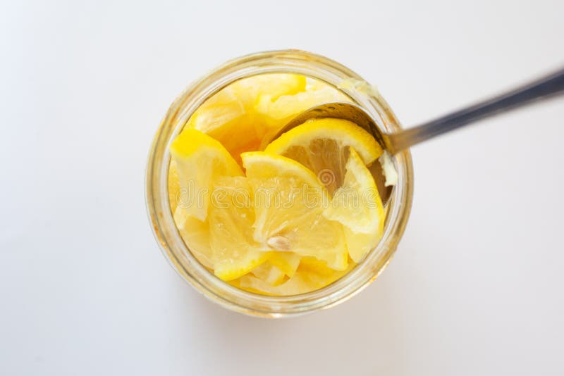 Fresh Lemon in Sugar Syrup in a Jar Top View Stock Image - Image of ...