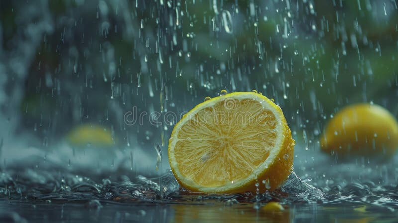 Fresh Lemon Under Pouring Rain with Blurred Greenery, Refreshing and ...