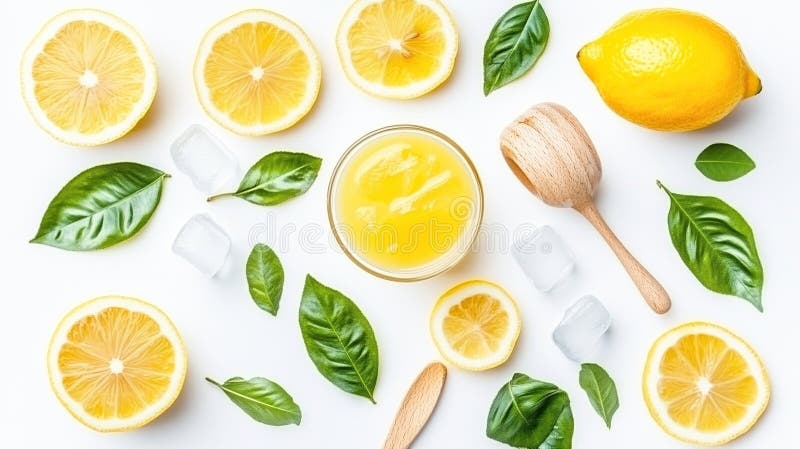 Fresh Lemonade Drink, Lemons, Ice, Basil, White Background, Recipe ...
