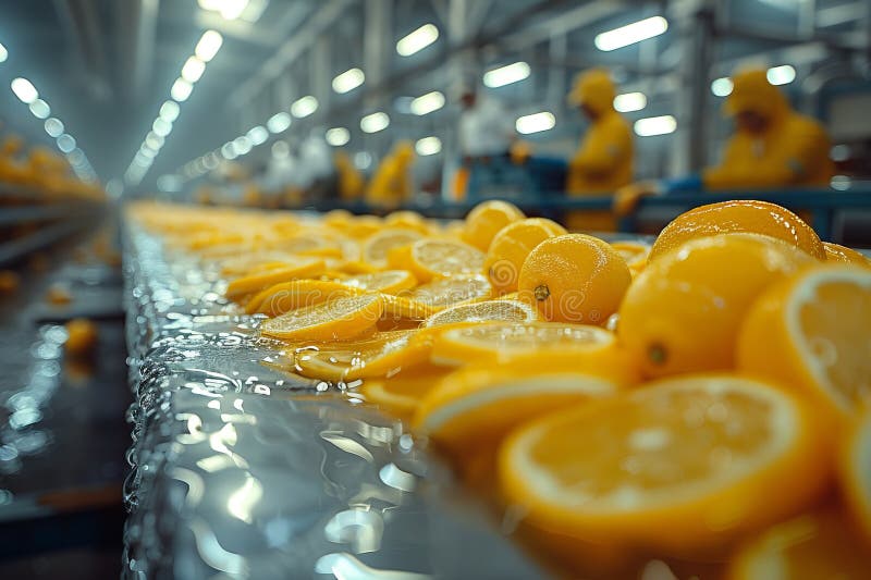 Fresh Lemons Being Processed on a Conveyor Belt in a Food Manufacturing ...