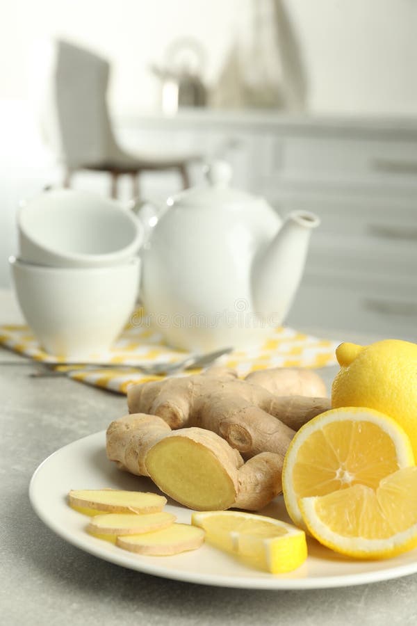 Fresh Lemons and Ginger on Table Indoors, Space for Text Stock Photo ...