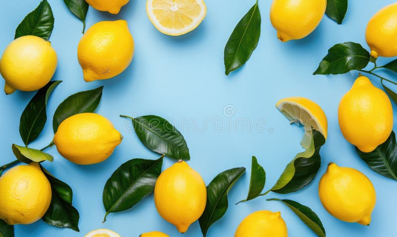 Fresh Lemons with Leaves on a Light Blue Background Stock Photo - Image ...