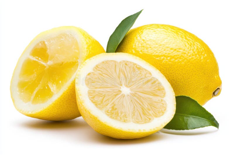 Fresh Lemons, One Whole and One Cut in Half, with Green Leaves Stock ...
