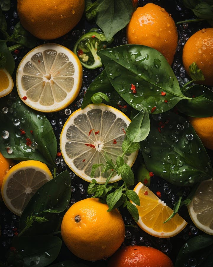 Fresh Lemons Oranges and Basil on a Black Background Stock Photo Stock ...