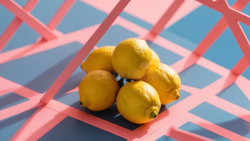 Fresh Lemons on Pink and Blue Grid Background. Stock Image - Image of ...