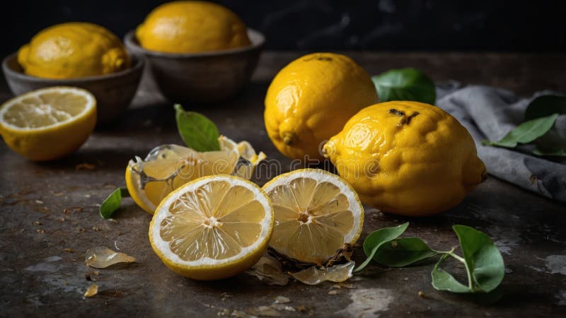 Fresh Lemons Sliced Open with Whole Lemons and Leaves on a Rustic ...