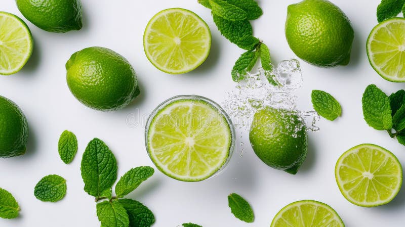 Fresh Limes and Mint with Water Splash on White Background, Citrus ...