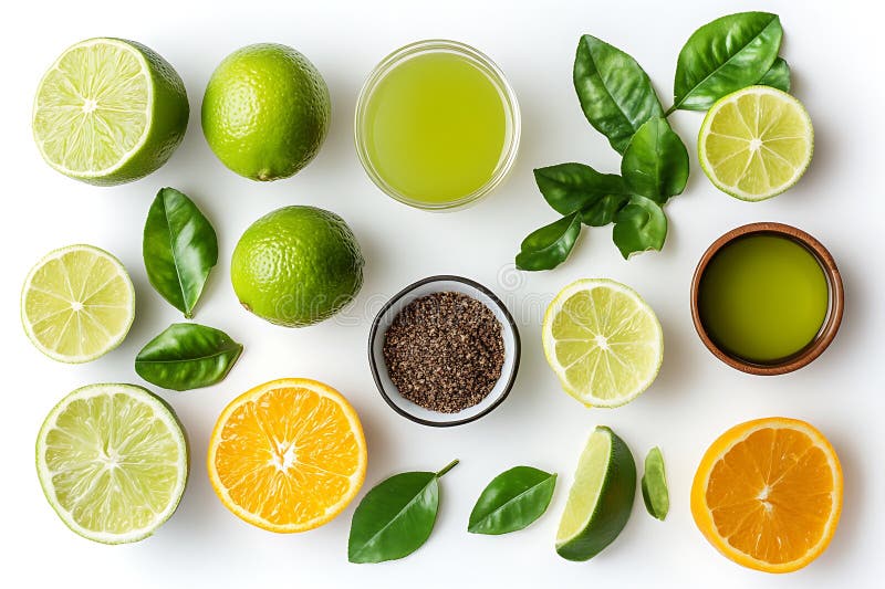 Fresh Limes Oranges and Lime Juice with Black Pepper on a White ...
