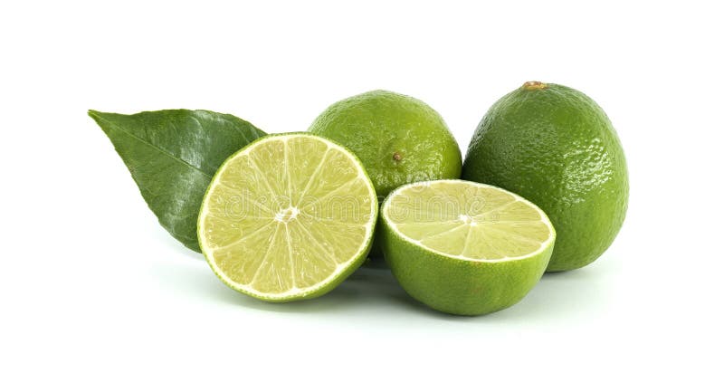 Fresh Limes Showing Pulp and Leaves on White Background Stock ...