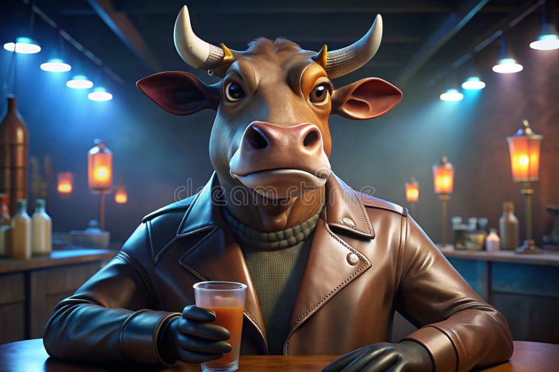 A Solid Serious Bull in a Leather Jacket Drinks Tomato Juice in a ...
