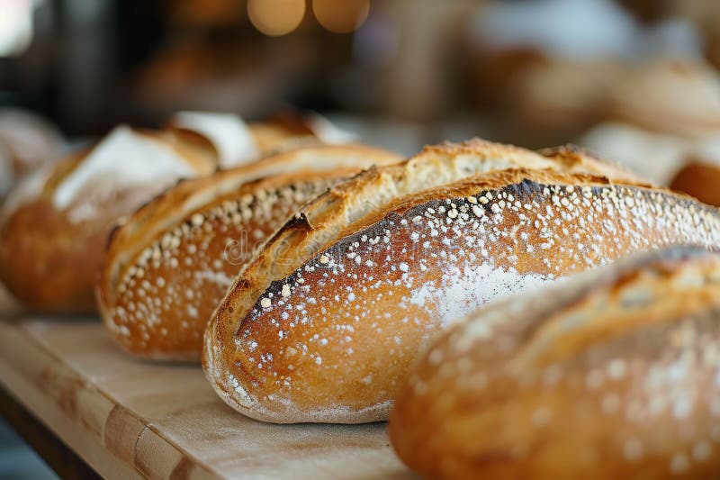 Fresh Loafs of Bread in Artisanal Bakery. Bread Baking Production Stock ...