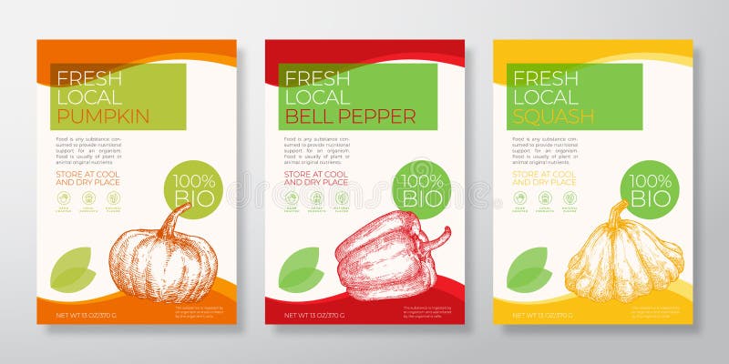Fresh Local Vegetables Label Templates Set. Vector Packaging Design ...