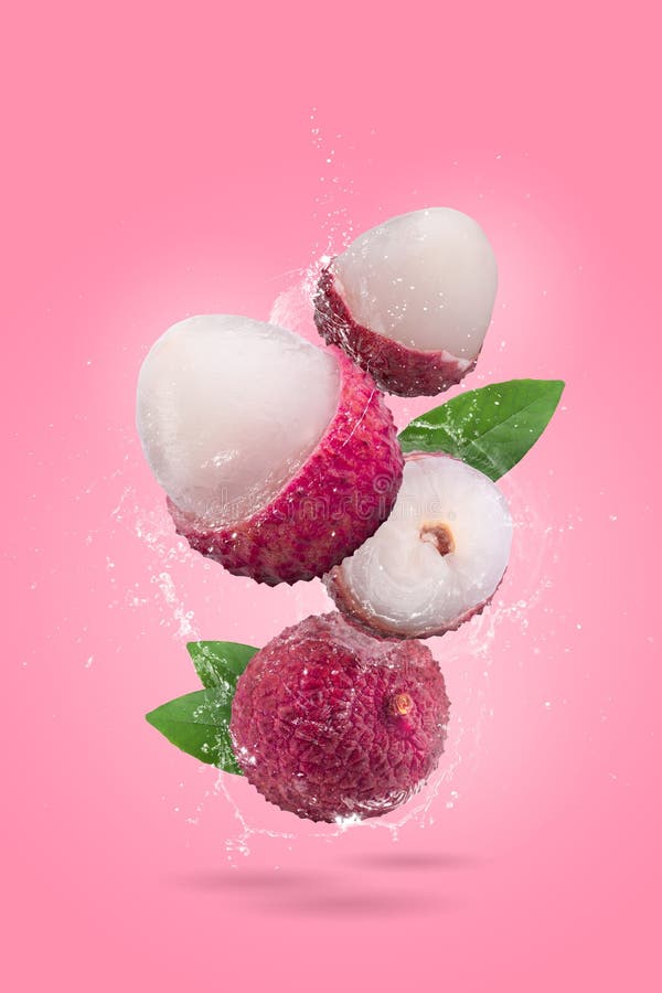 Fresh Lychee and Leaves with Water Splashing on a Pink Background Stock ...