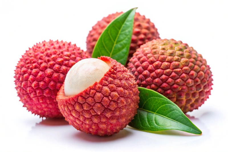 Fresh Lychee with Vibrant Green Leaf on White Background Stock ...