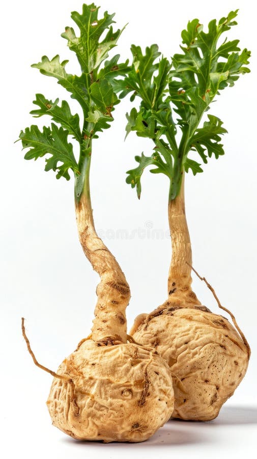 Fresh Maca Root with Green Leaves, Isolated on White. Superfood Concept ...