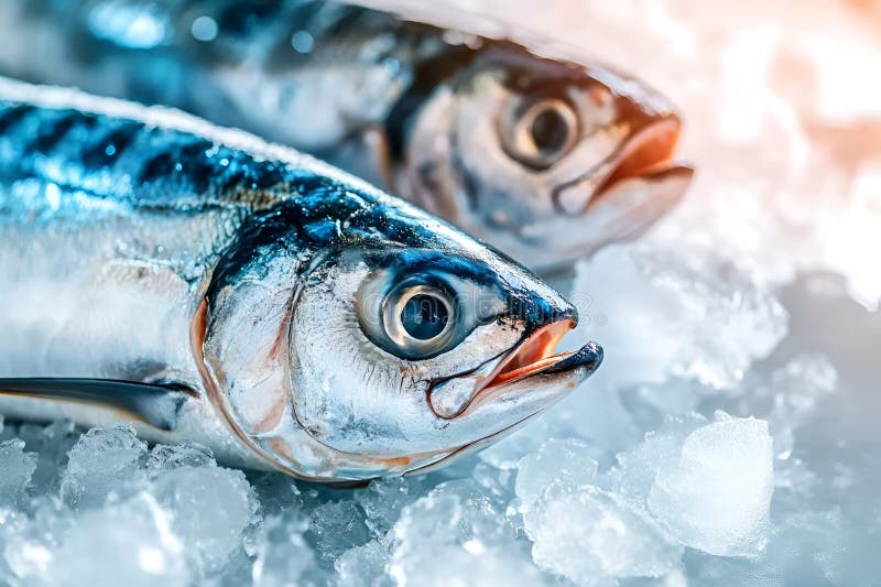 Fresh Mackerel Fish on Ice Display at Seafood Market Stock Illustration ...