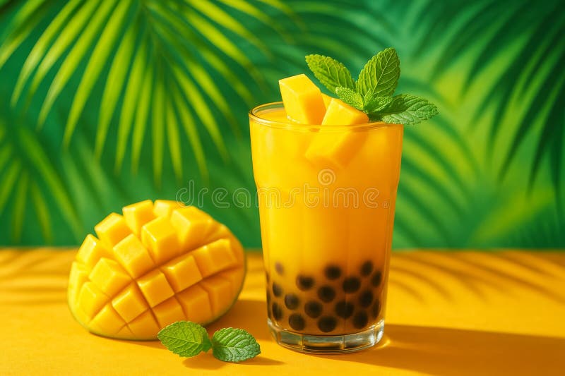Fresh Mango Bubble Tea with Tapioca Pearls and Mint Garnishing Served in a Vibrant Tropical ...