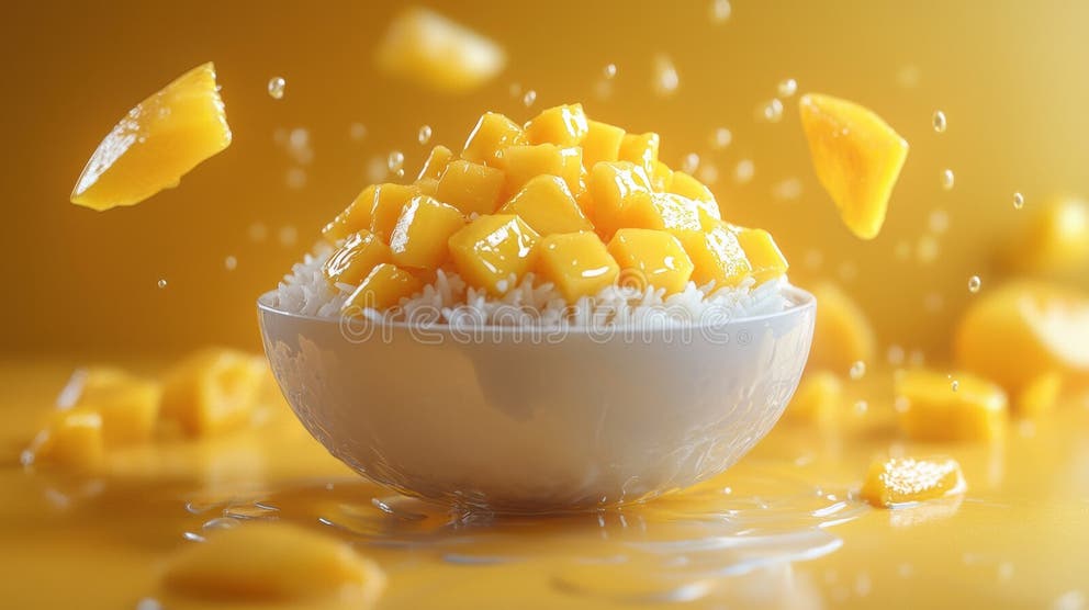 Fresh Mango Chunks on White Rice with Vibrant Splashes of Juice ...