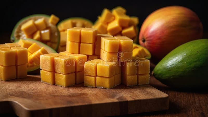 Fresh Mango Cubes Arranged on a Wooden Surface, Surrounded by Whole ...