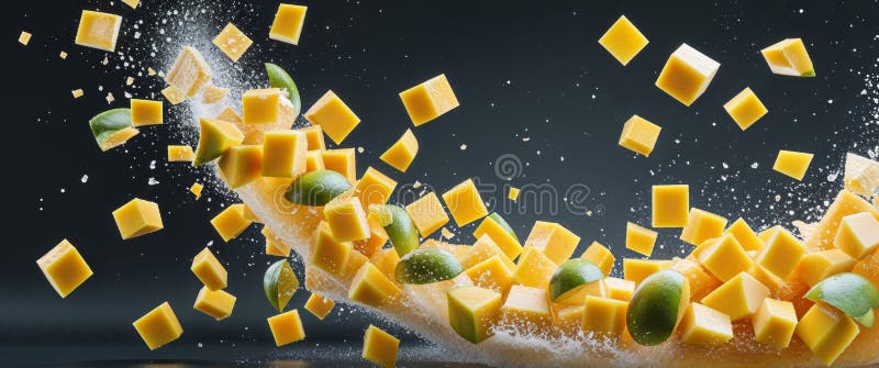 Fresh Mango Cubes Falling Black Background Stock Photos - Free ...
