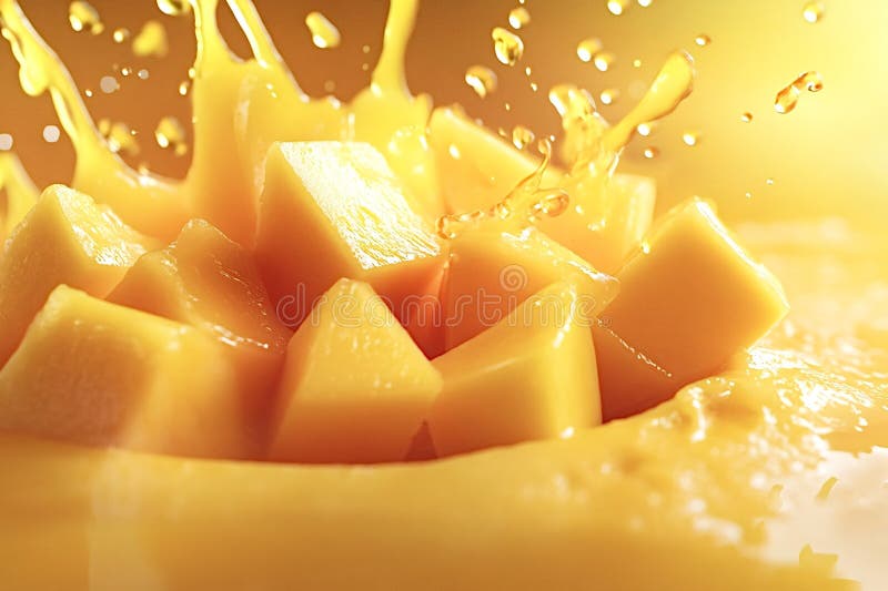 Fresh Mango Cubes Falling into Juice Splashing Stock Photo - Image of ...
