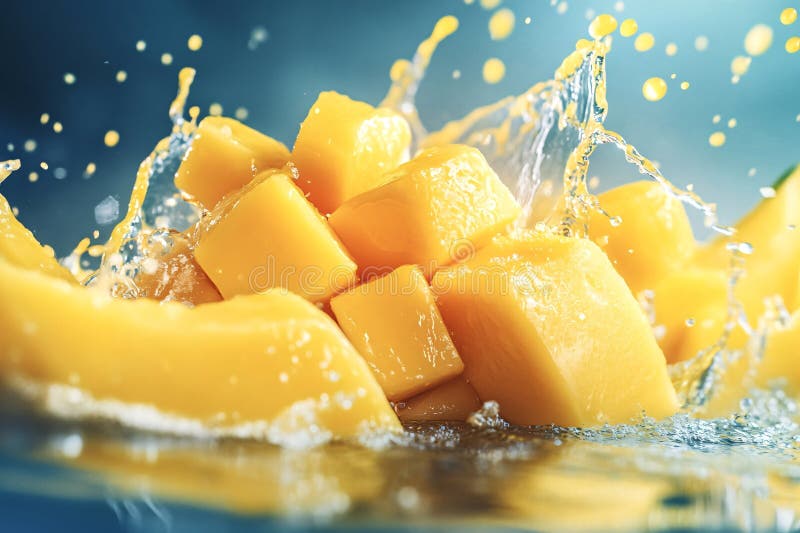 Fresh Mango Cubes Making Splash in Water Stock Photo - Image of ...