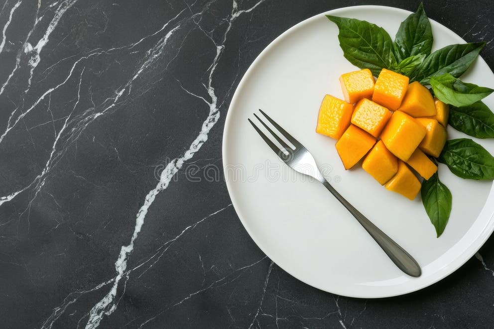 Fresh Mango Cubes on a Plate with Basil Leaves Stock Illustration ...