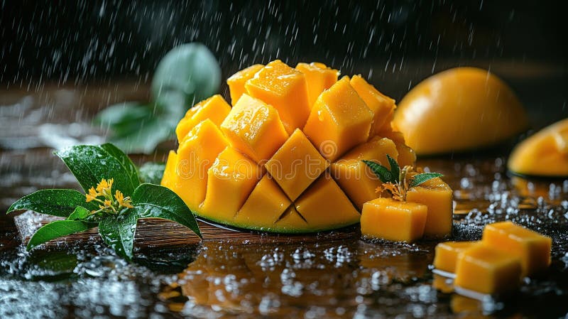 Fresh Mango Cubes, Rain Drops, Leaves Stock Illustration - Illustration ...