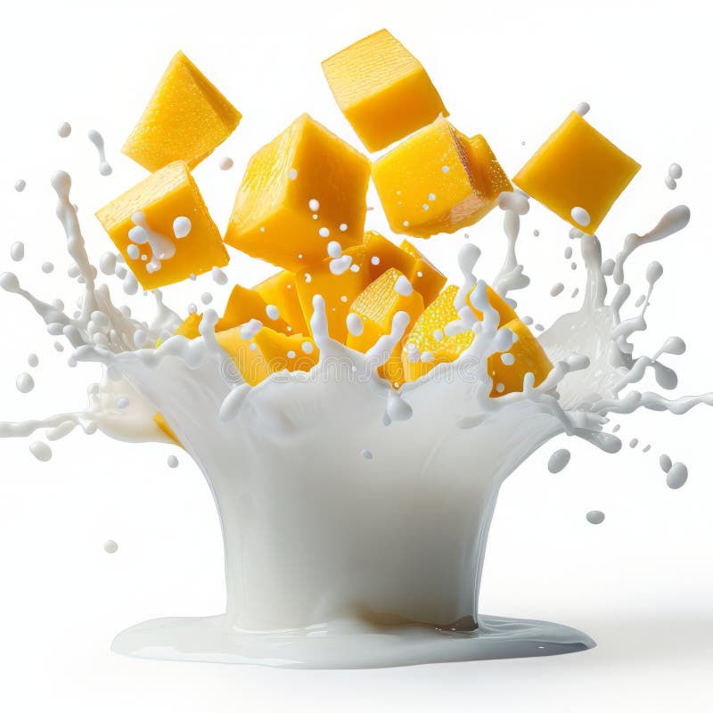 Fresh Mango Cubes Splashing into a Pool of Milk, Creating a Vibrant and ...