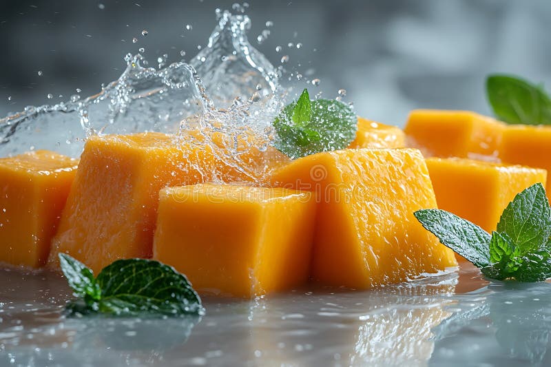 Fresh Mango Cubes with Splashing Water and Mint Leaves on Reflective ...
