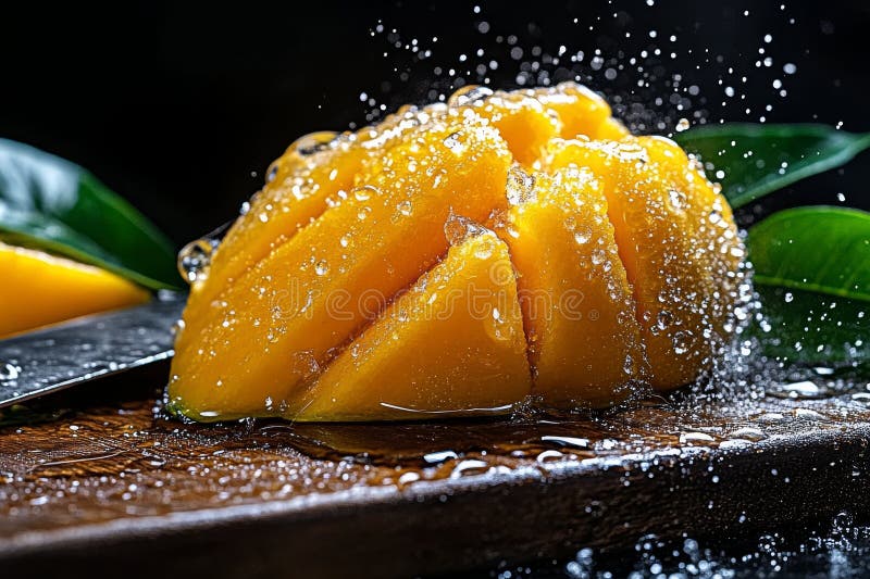 Fresh Mango Fruit Splashing with Water Drops on Dark Background Stock ...