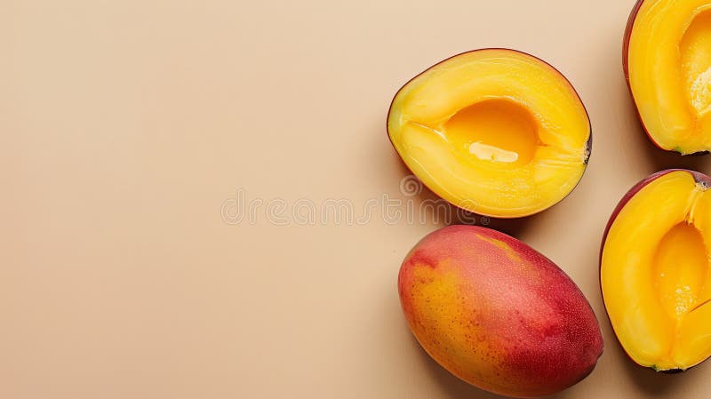 Fresh Mango Halves and Whole Mango on Beige Background, Minimalistic ...