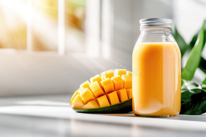 Fresh Mango Juice in Glass Bottle with Sliced Mango on Sunlit Kitchen ...
